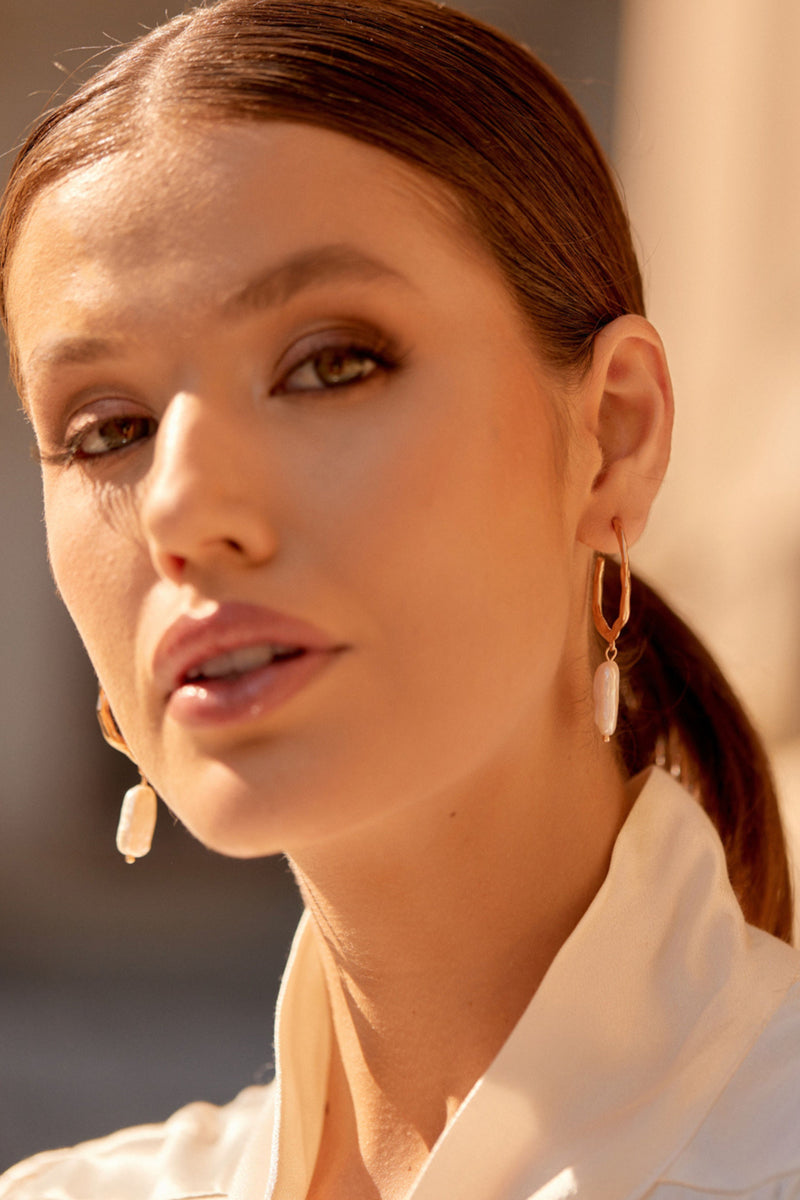 ADORNE ACCESSORIES Beaten Metal Pearl Drop Hoops - Gold – Smoke ...