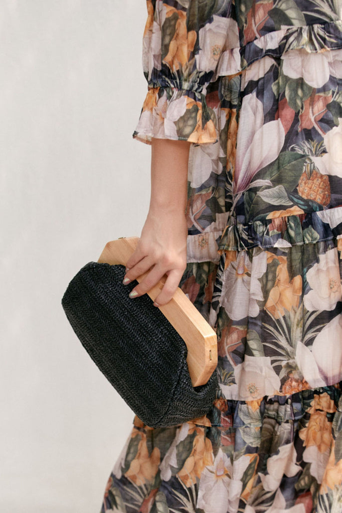 ADORNE ACCESSORY Renata Pleat Timber Frame Woven Clutch Black – Smoke ...