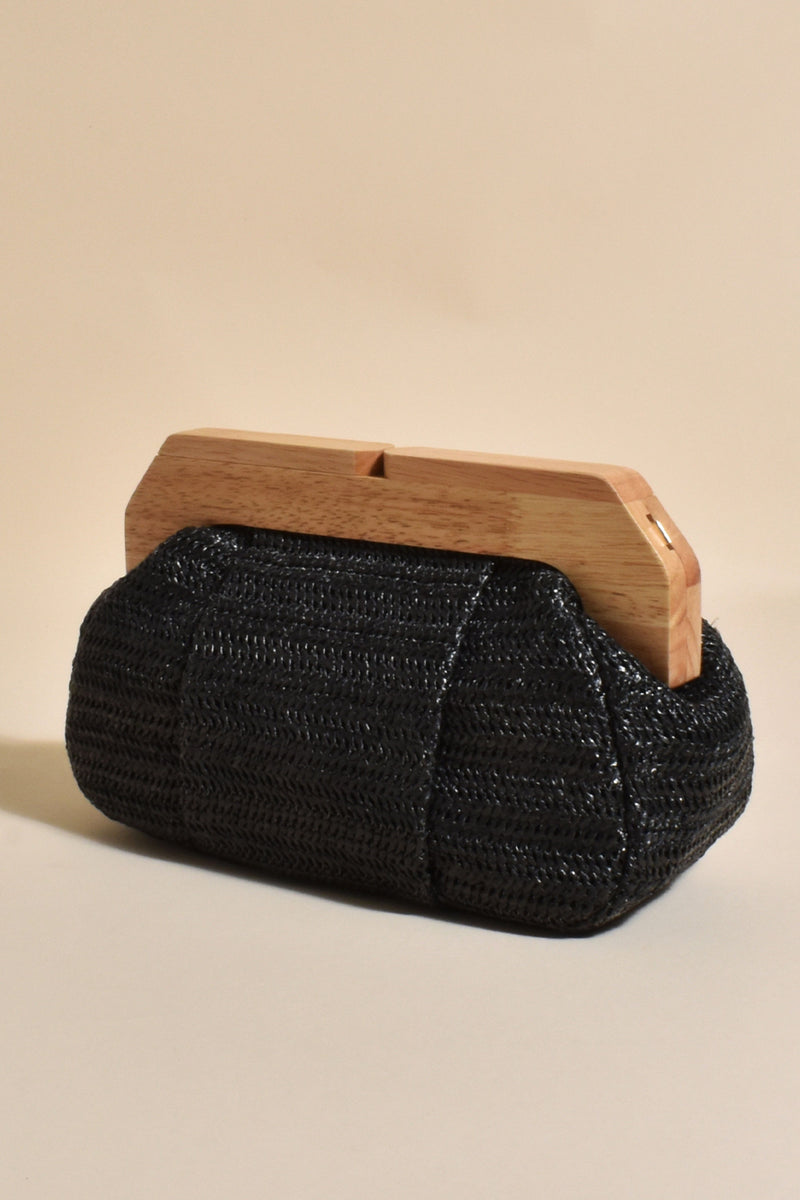 ADORNE ACCESSORY Renata Pleat Timber Frame Woven Clutch Black – Smoke ...